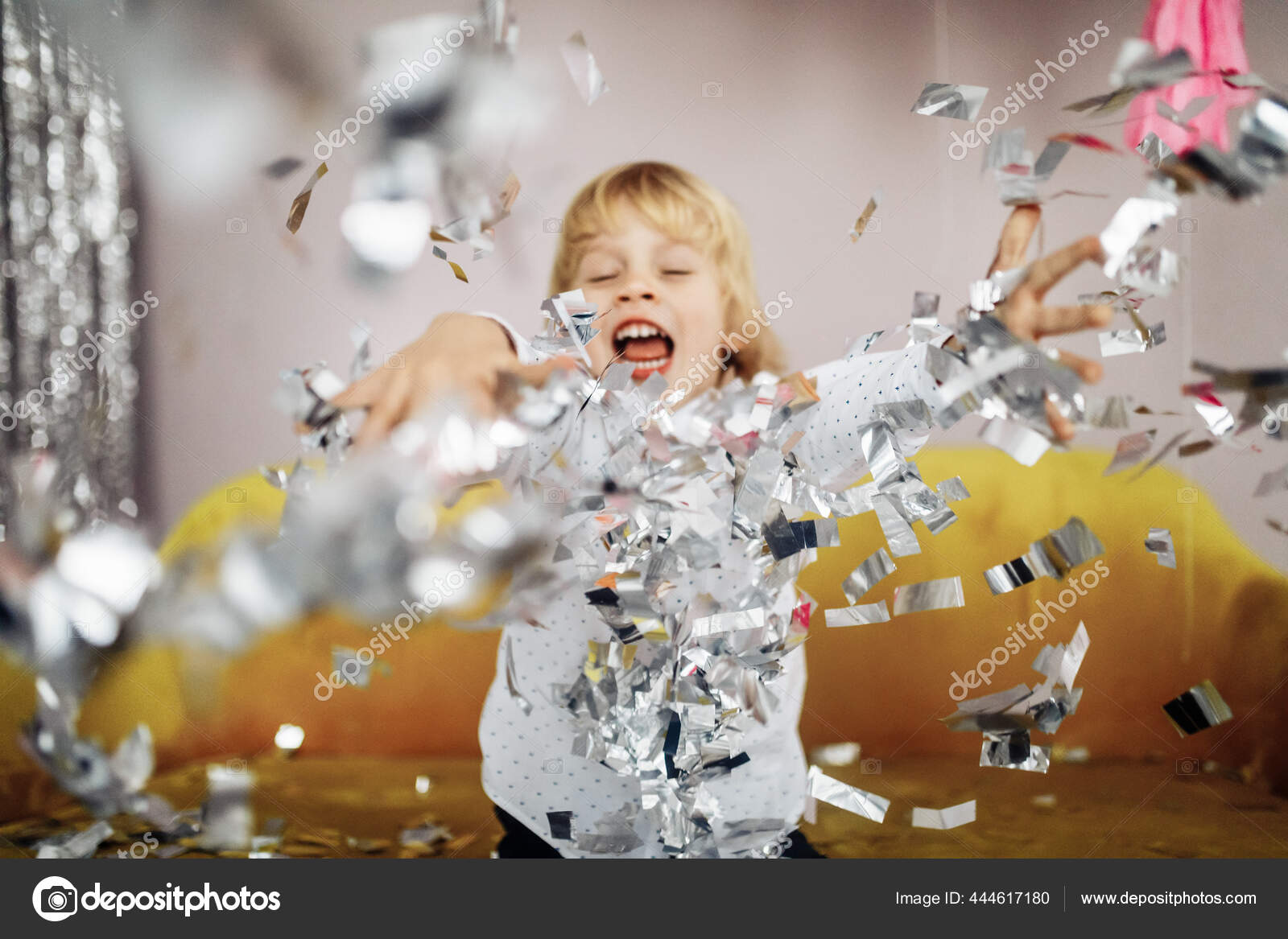 Happy Cute Boy Having Fun Confetti — Stock Photo © SHUNEVICH #444617180