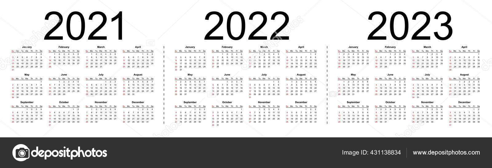 Kalender Vektor Sederhana Untuk Tahun 2021 2022 2023 Minggu Dimulai ...