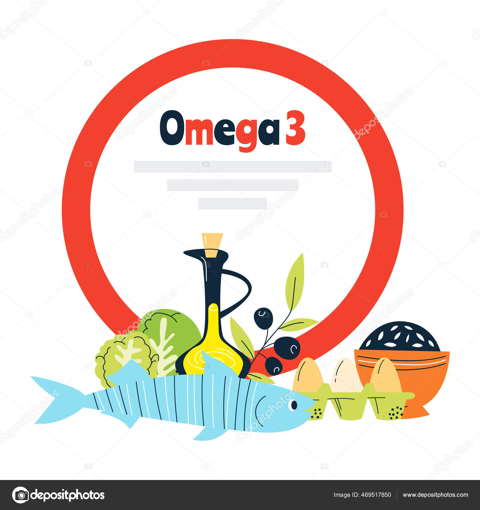 Omega Main Food Sources Fish Nuts Cabbage Red Caviar Vector Stock ...