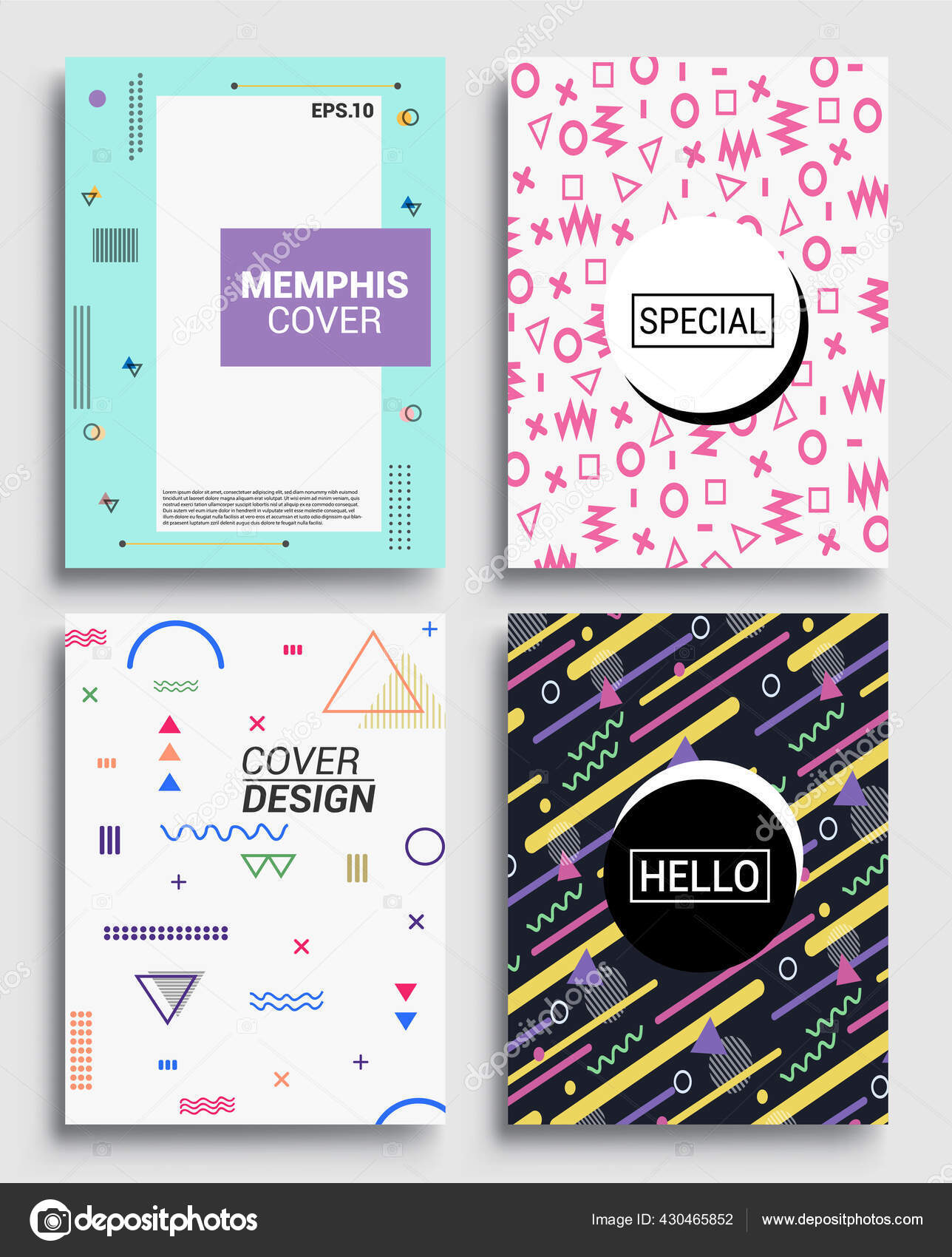 Memphis Style Poster Set Halftone Geometric Shapes Patterns Flat Style ...