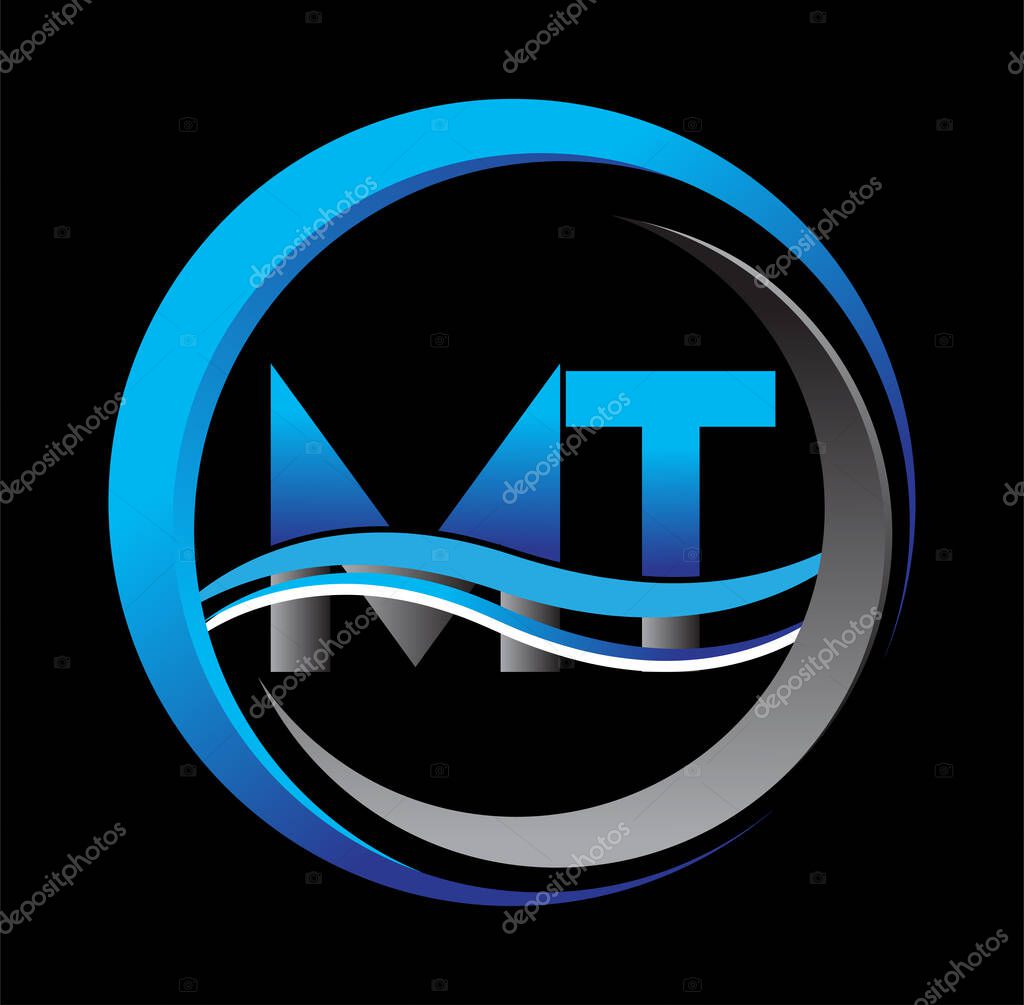 letra inicial logo MT nombre de la empresa azul y gris en el círculo y ...