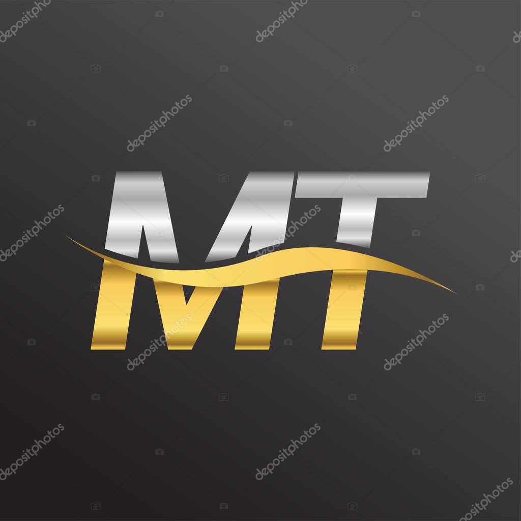 letra inicial logotipo MT nombre de la empresa oro y plata color swoosh ...