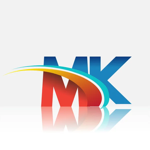 initial letter MK logotype company name colored red and blue and swoosh ...