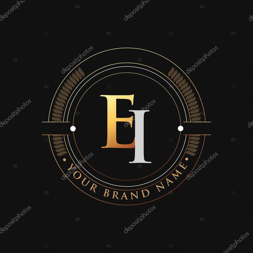insignia inicial EI oro y color blanco, con sello y objeto circular, elementos de plantilla de ...