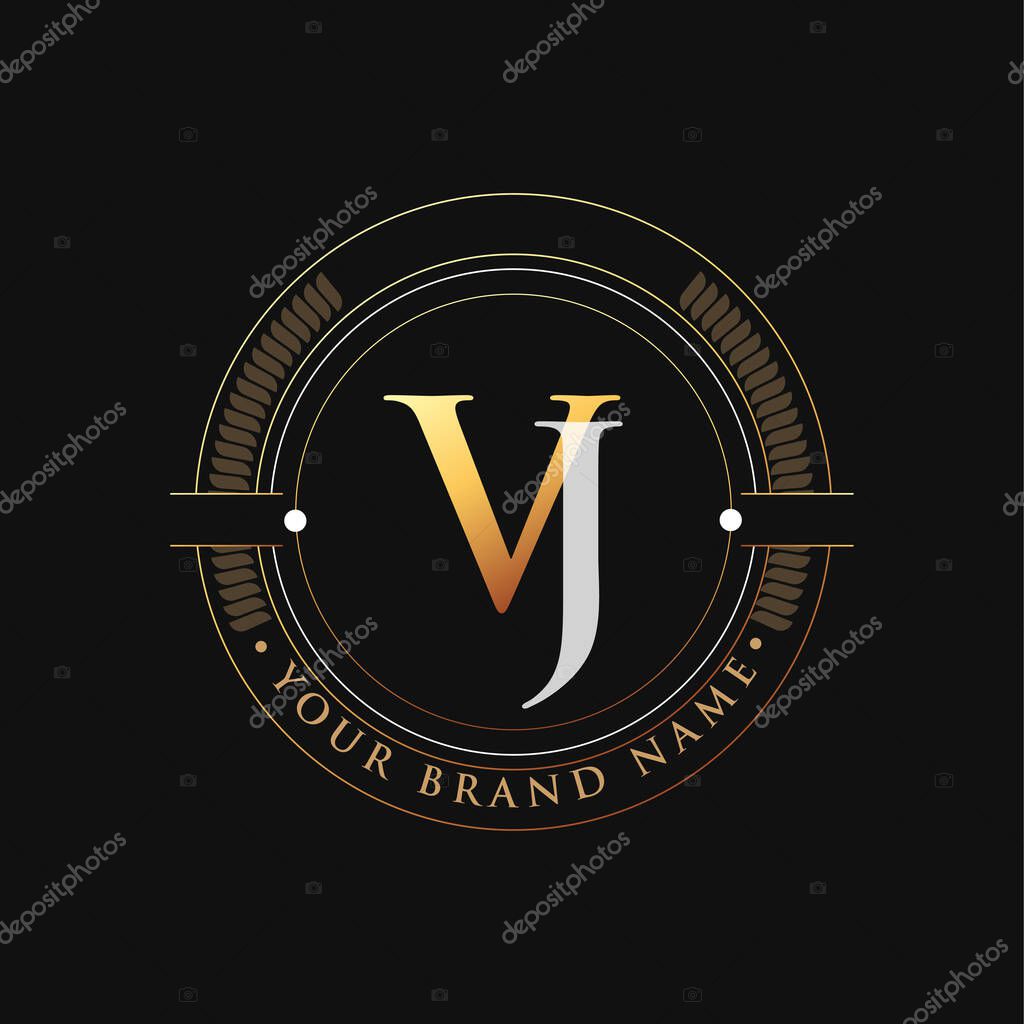 insignia inicial VJ oro y color blanco, con sello y objeto círculo ...