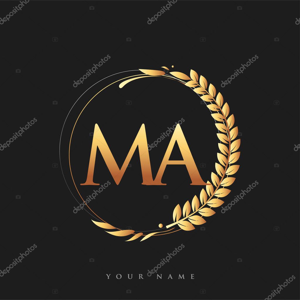 Initial logo letter MA with golden color with laurel and wreath, vector ...