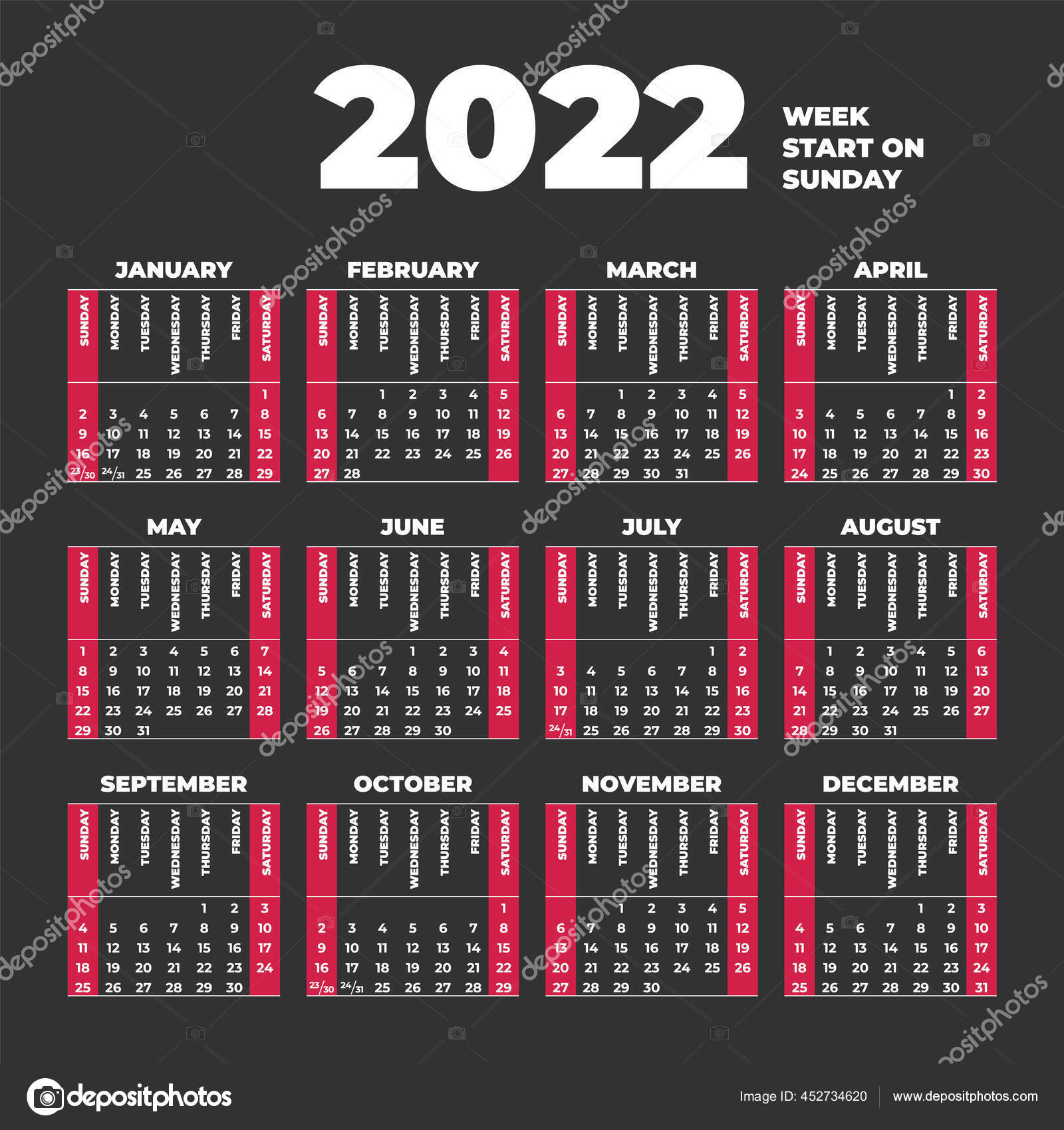2022 Plantilla de calendario con semanas de inicio el domingo Vector de ...