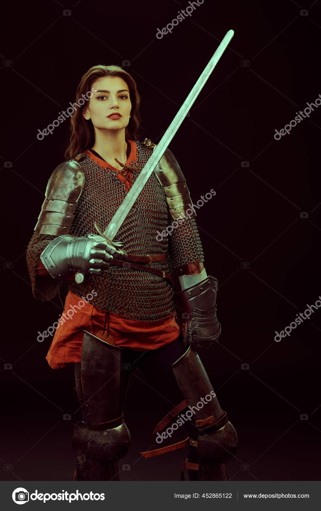 Brave Noble Warrior Woman Chainmail Plate Armor Poses Holding Her ...