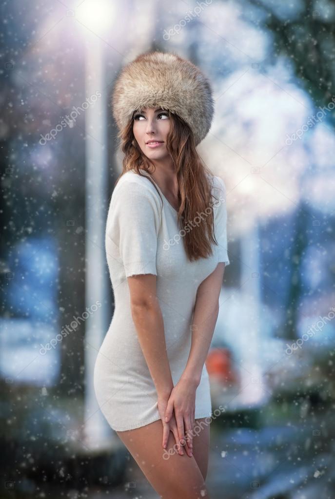 Portrait Of Young Beautiful Woman Outdoor Shot In Winter Scenery