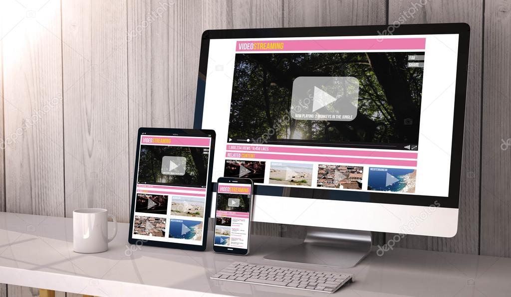 Devices responsive on workspace streaming online — Stock Photo © georgejmclittle #97258804