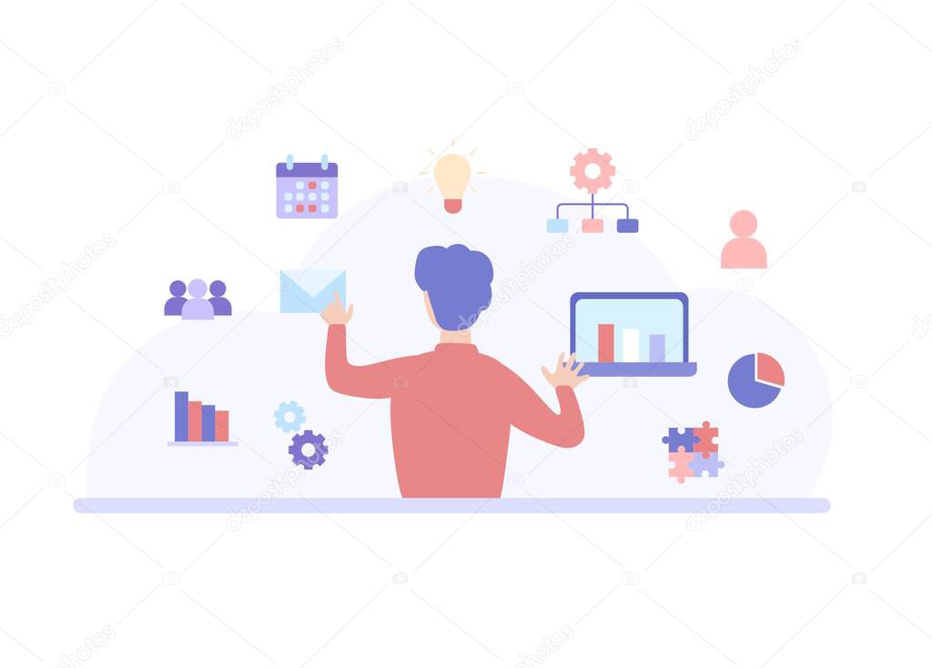 Ilustraci n del concepto empresarial. Empresario y l der con iconos de negocios. Gesti n del ...