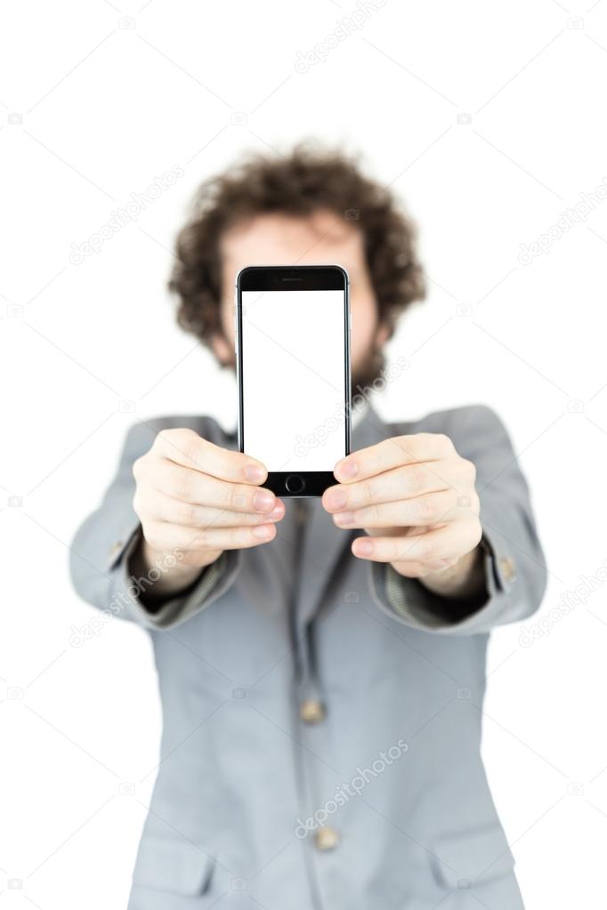 Man in a gray suit holding iPone – Stock Editorial Photo © ibreakstock ...
