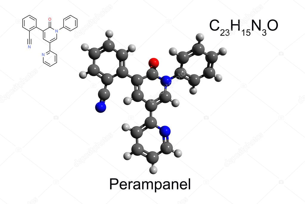 Fórmula química, fórmula esquelética y modelo 3D de perampanel ...