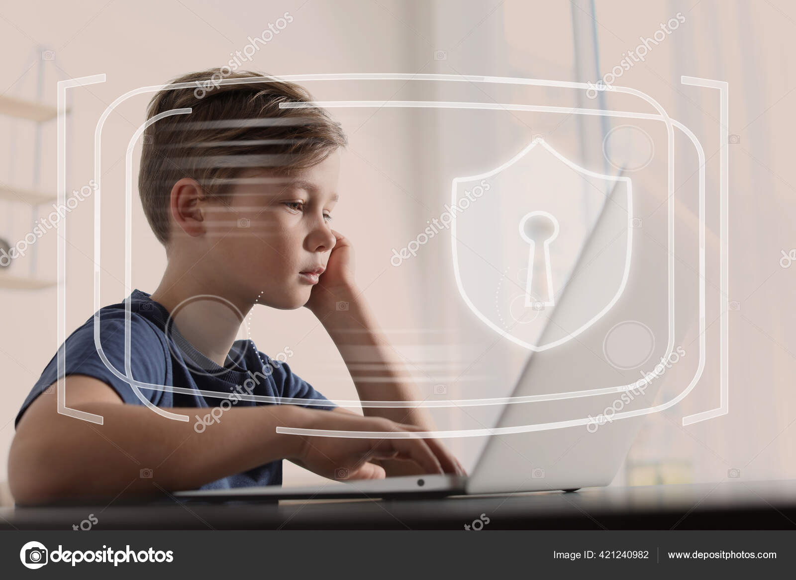 Child Safety Online Little Boy Using Laptop Home Illustration Internet ...