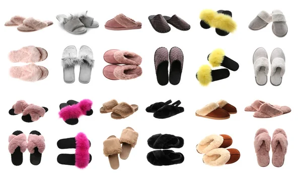 Collage Fluffy Slippers White Background Banner Design Stock Photo by ...