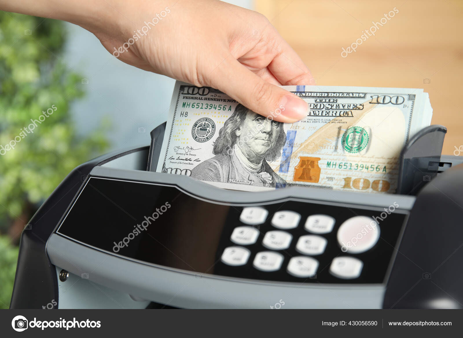 Woman Putting Money Counting Machine Indoors Closeup – Stock Editorial ...