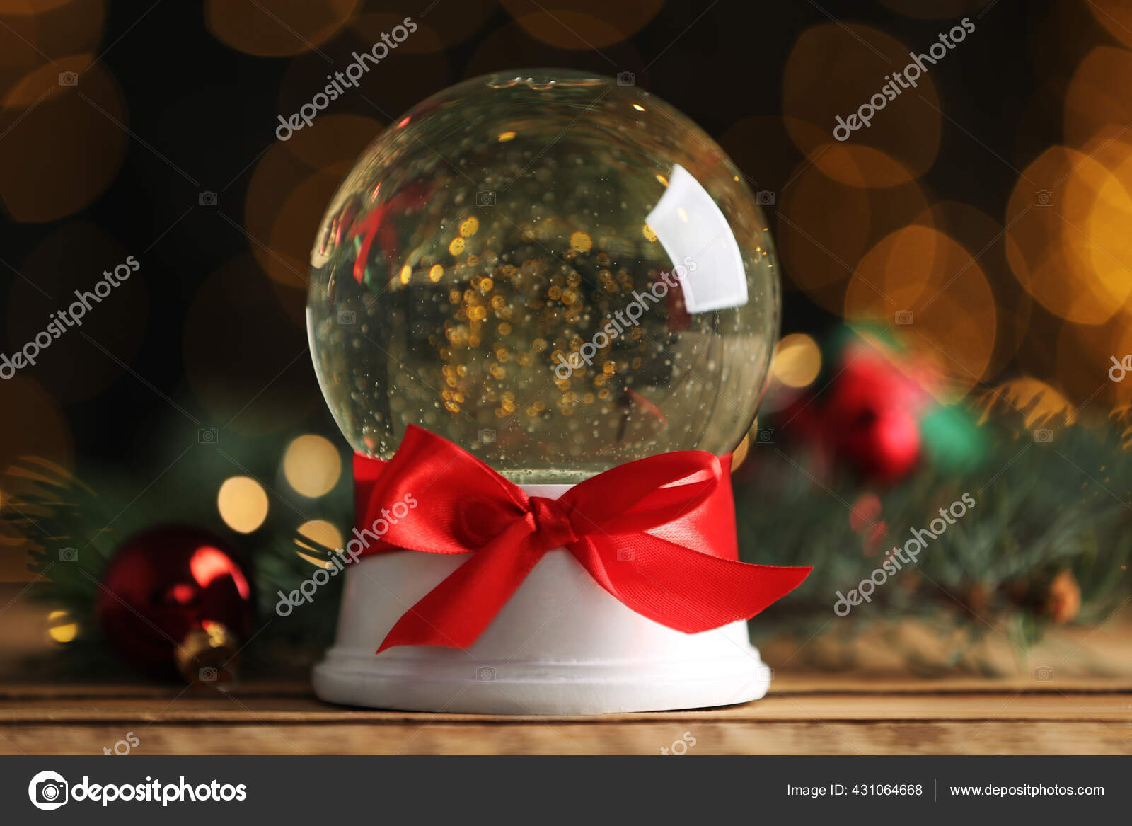 Beautiful Snow Globe Wooden Table Blurred Christmas Lights Closeup ...