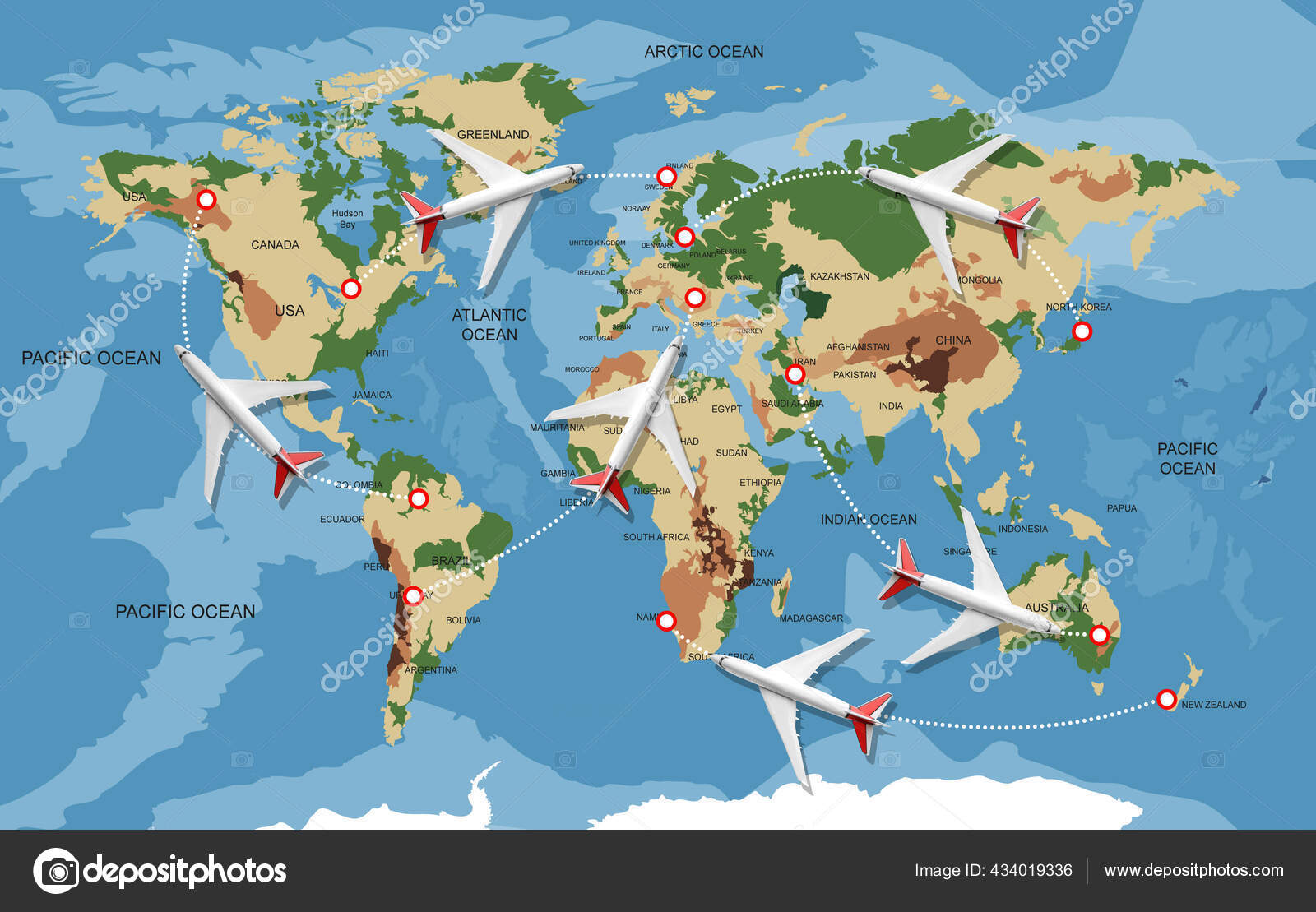 Mapa Rutas Vuelo Con Aviones Ilustración Ilustración de stock de ...