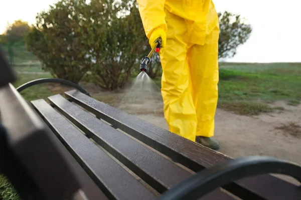 Person Hazmat Suit Disinfecting Stairs Sprayer Outdoors Closeup Surface ...