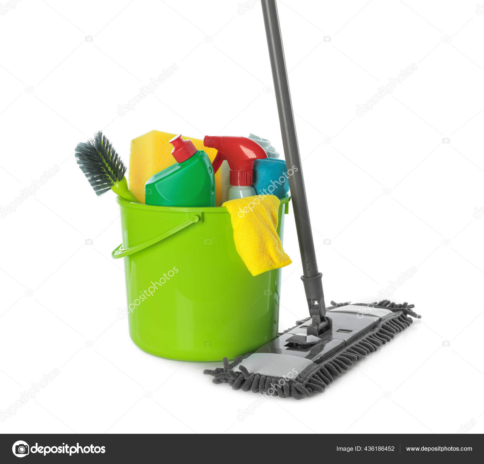 Mop Plastic Bucket Different Cleaning Supplies White Background — Stock ...