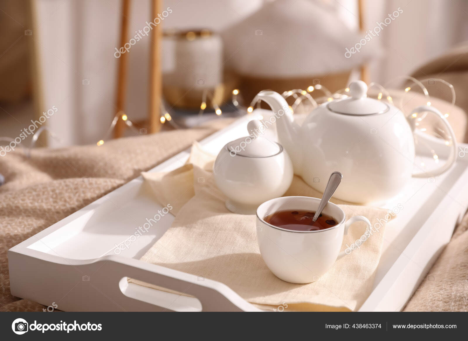 White Tray Ceramic Tea Set Bed — Stock Photo © NewAfrica #438463374