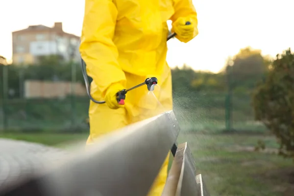Person Hazmat Suit Disinfecting Stairs Sprayer Outdoors Closeup Surface ...