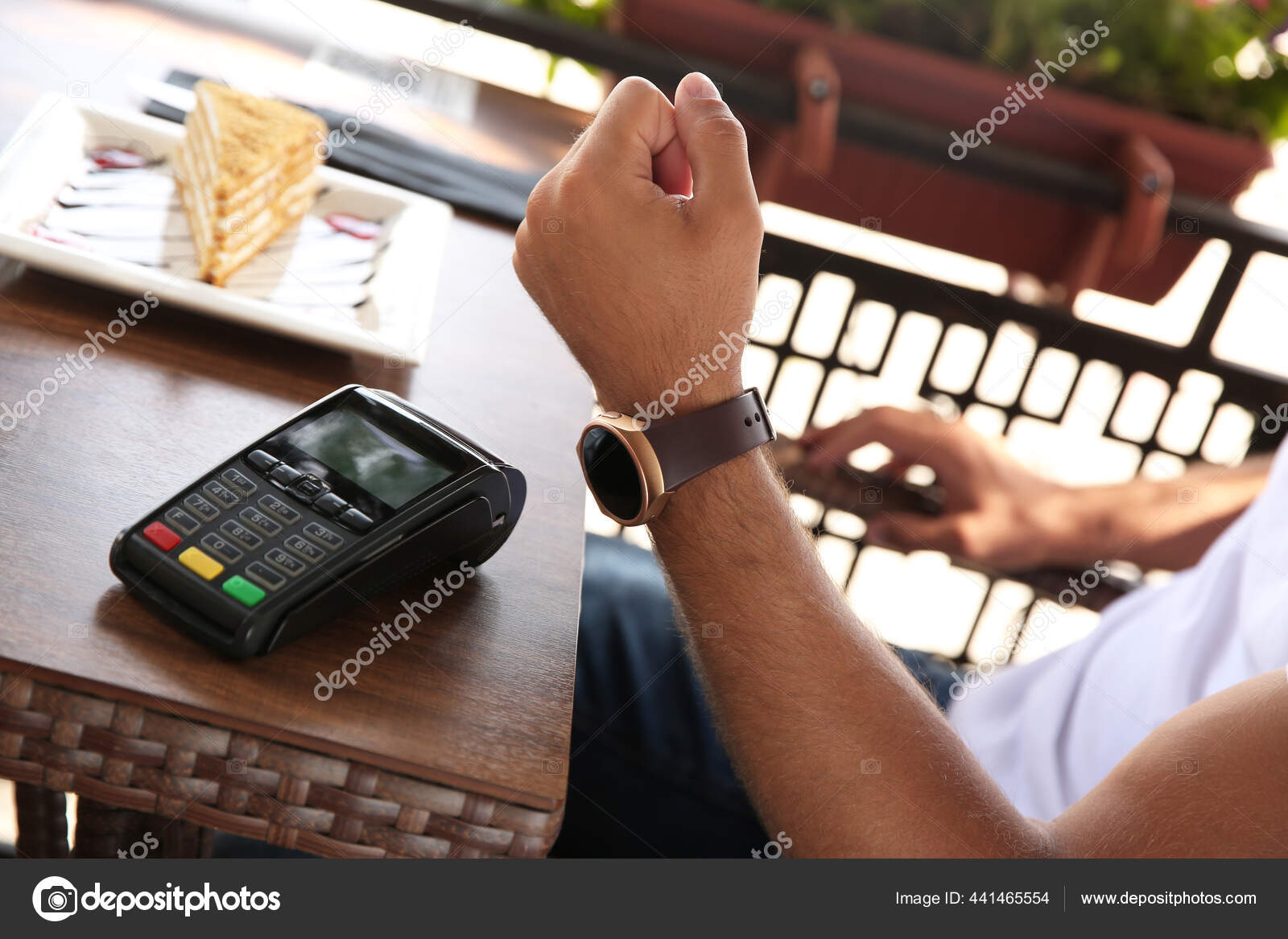 Man Making Payment Smart Watch Cafe Closeup — Stock Photo © NewAfrica ...