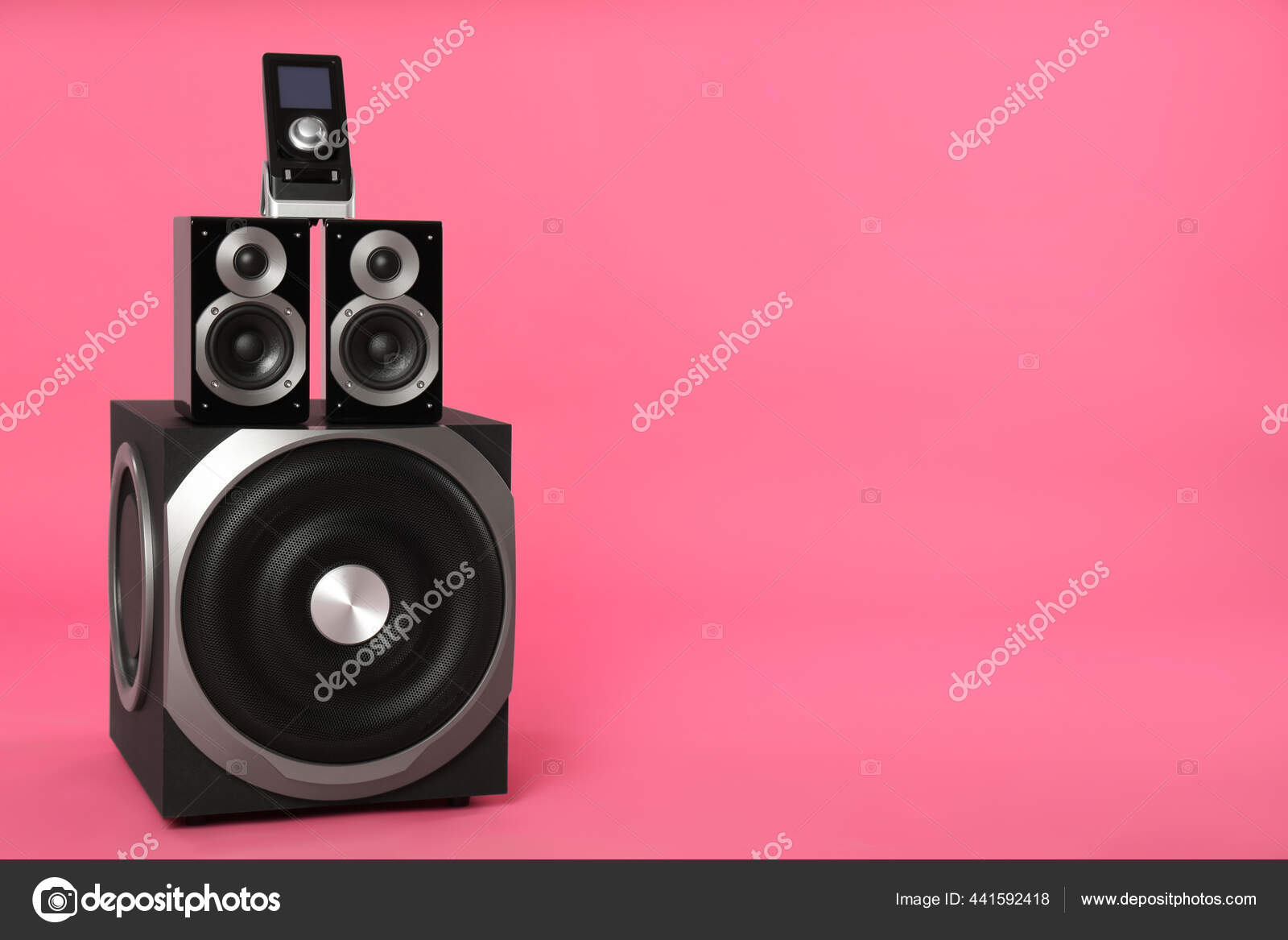Modern Powerful Audio Speaker System Remote Pink Background Space Text ...