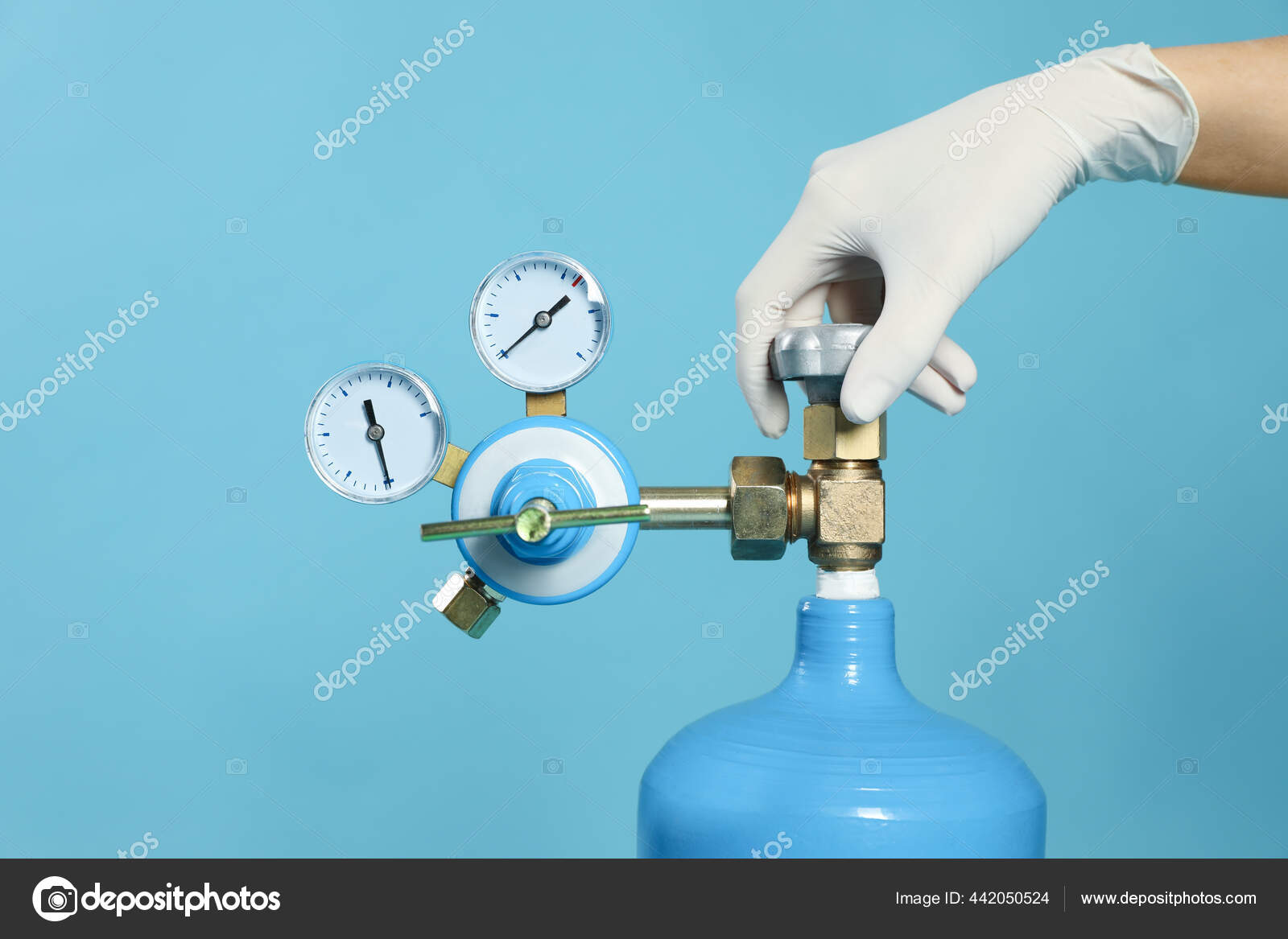 Medical Worker Checking Oxygen Tank Light Blue Background Closeup Stock ...