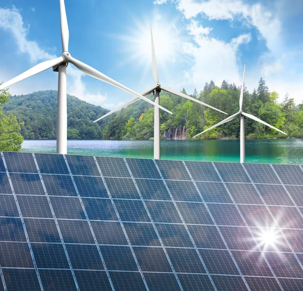 Alternative energy sources. Wind turbines installed in water, solar ...