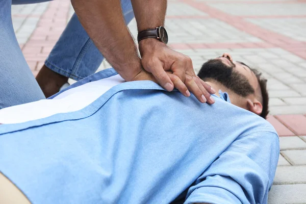 Passerby Performing Cpr Unconscious Man Outdoors First Aid — Stock ...