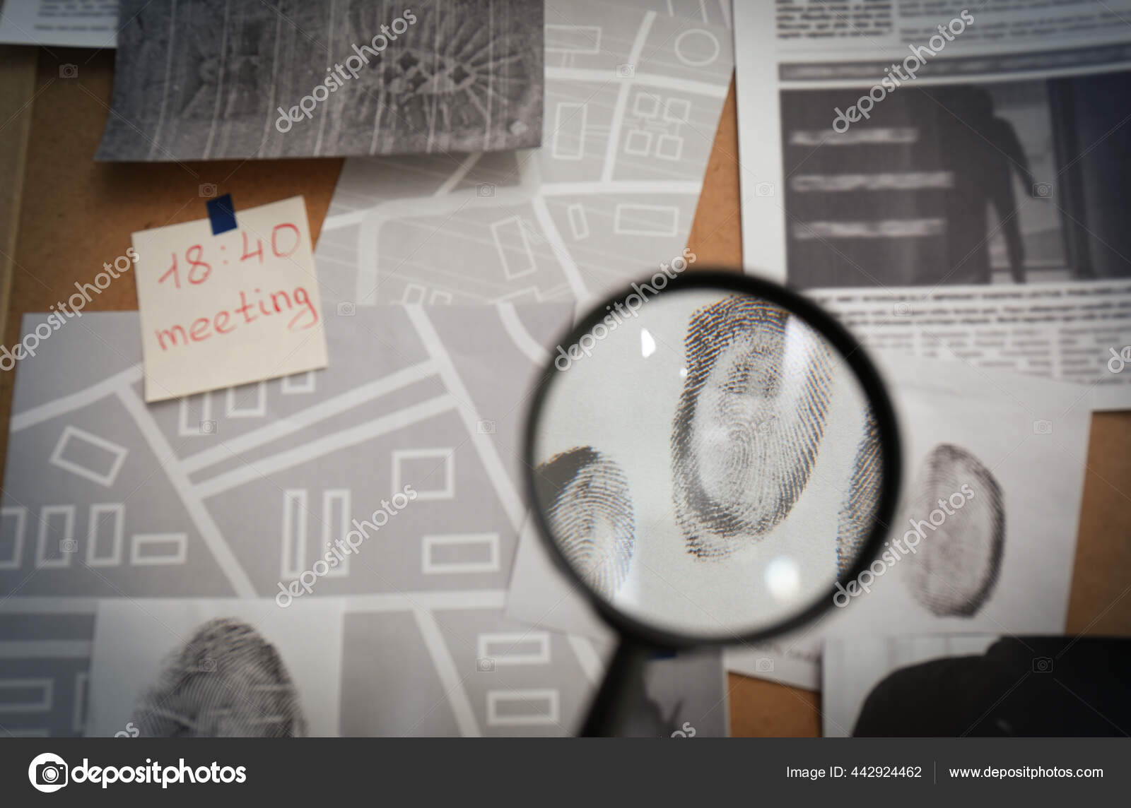 Looking Magnifying Glass Fingerprints Detective Board Closeup — Stock ...