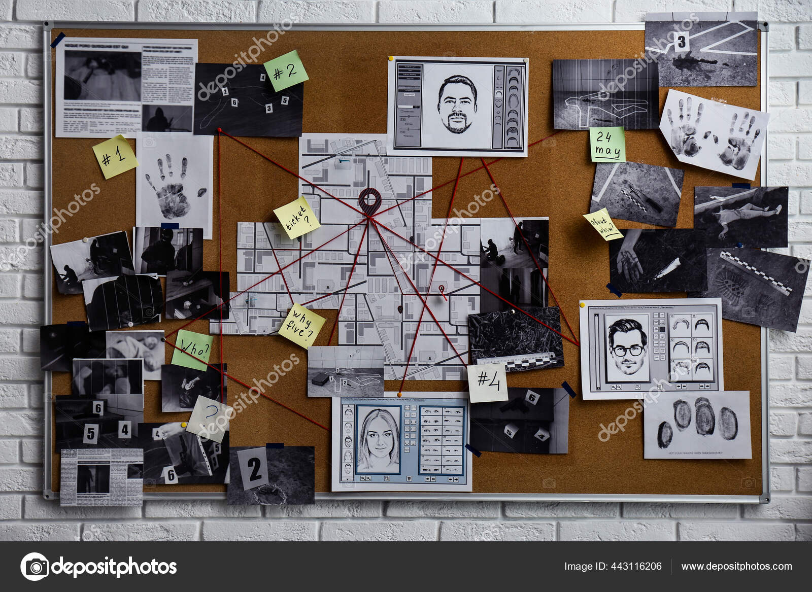 Detective Board Fingerprints Photos Map Clues Connected Red String ...