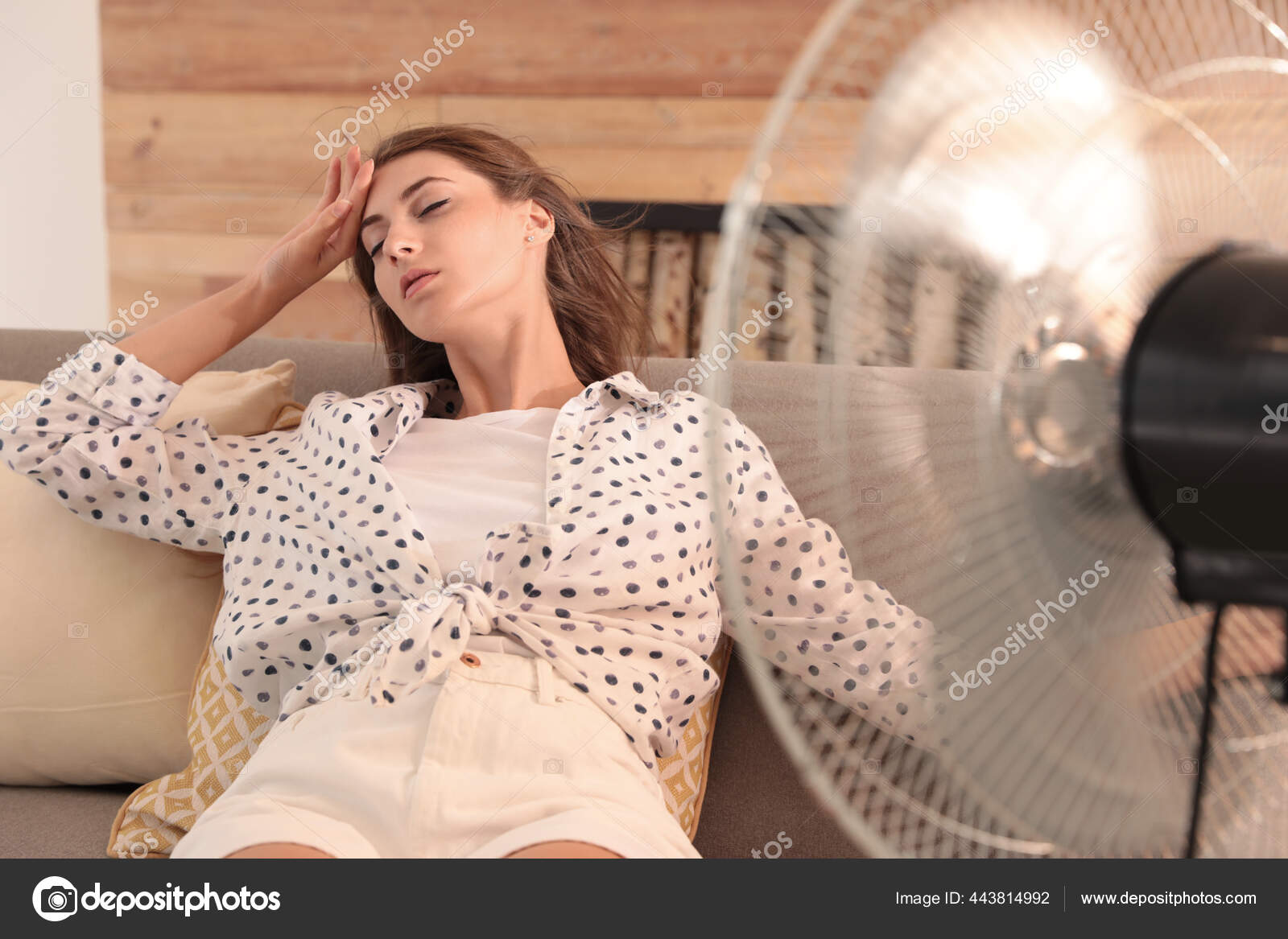 Woman Enjoying Air Flow Fan Sofa Living Room Summer Heat Stock Photo by ...
