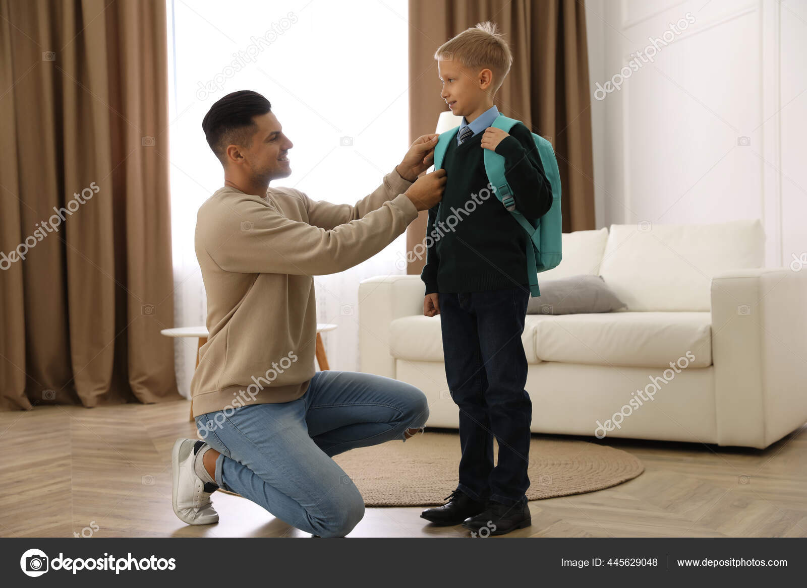 Father Helping His Little Child Get Ready School Home Stock Photo by ...