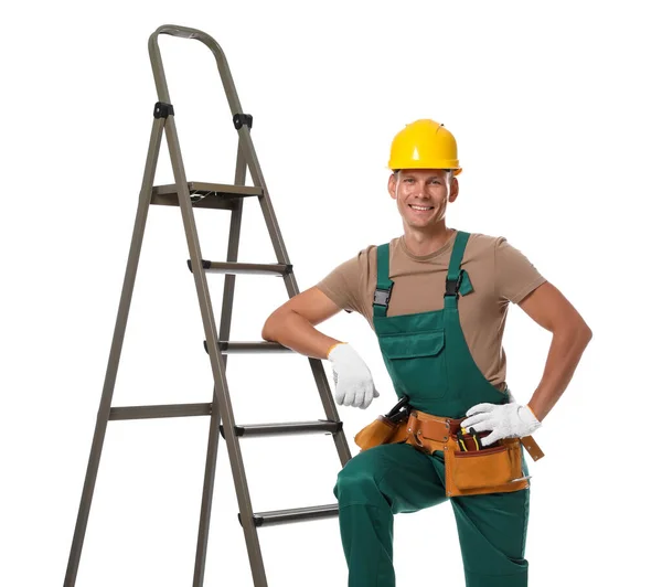 Worker Uniform Climbing Metal Ladder White Background Stock Photo by ...