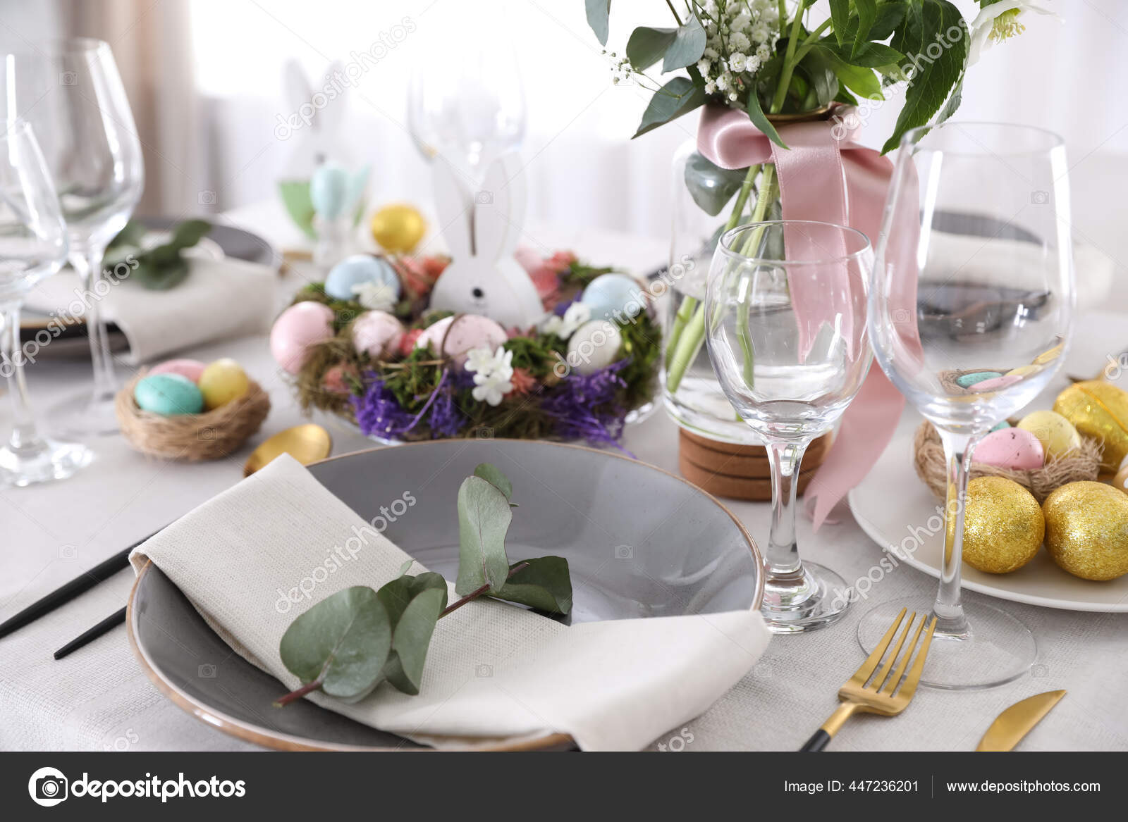 Beautiful Easter Table Setting Festive Decor Indoors Stock Photo by ...