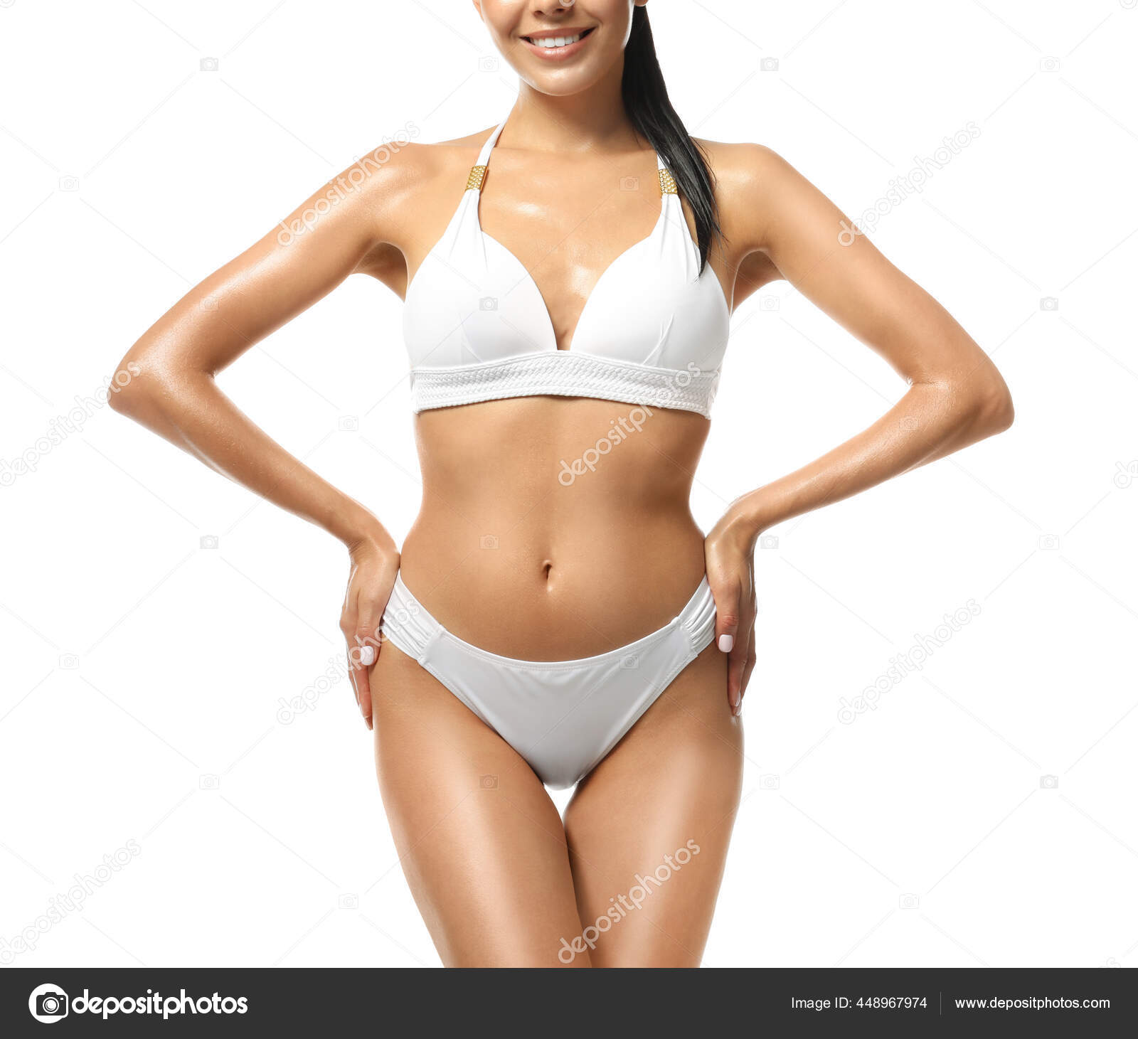 Mujer Joven Atractiva Traje Baño Elegante Aislado Blanco Primer Plano