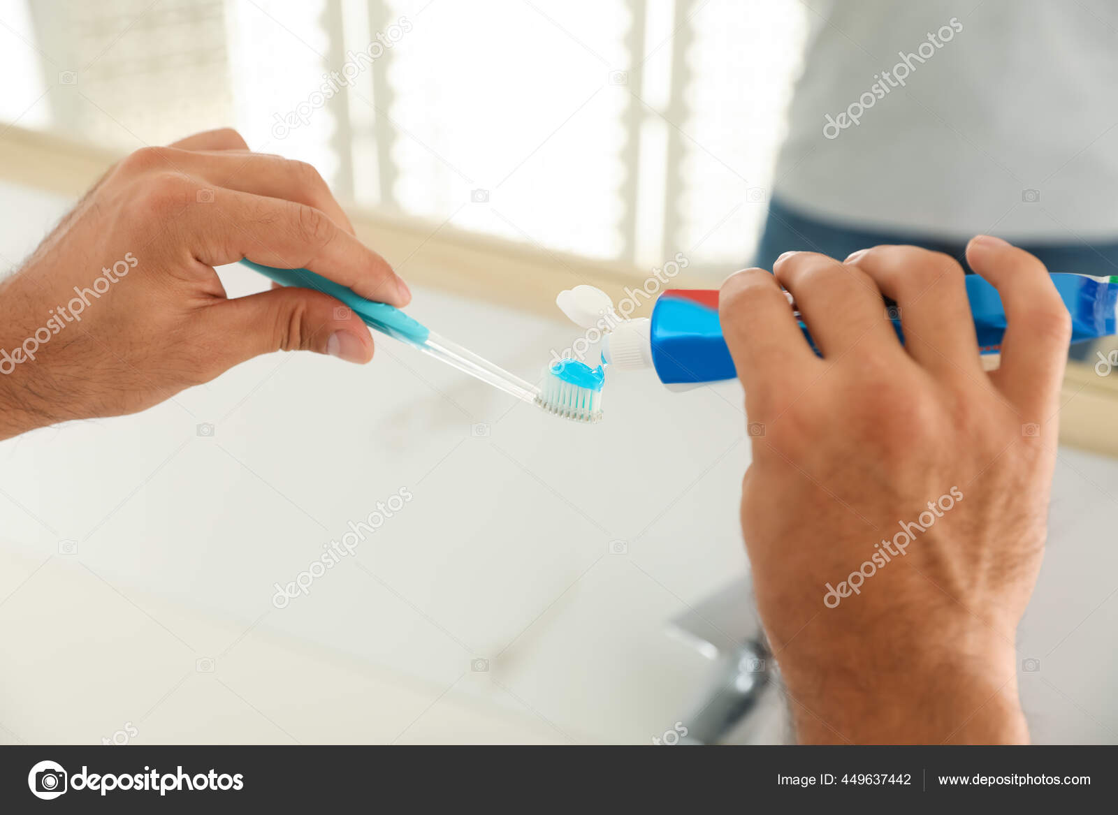 Man Applying Toothpaste Brush Bathroom Closeup Stock Photo by ©NewAfrica 449637442