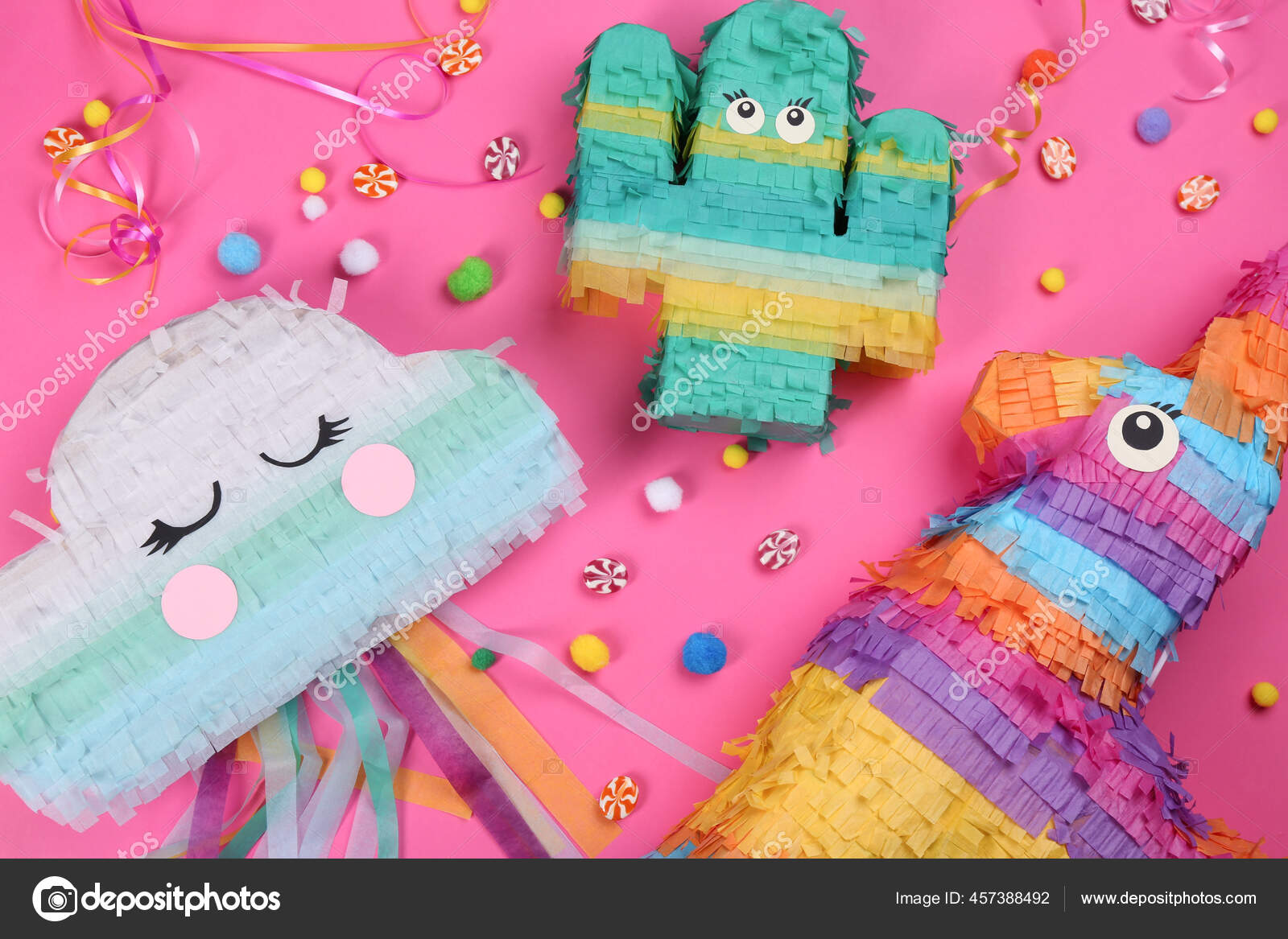 Different Bright Pinatas Pink Background Flat Lay Stock Photo by ...