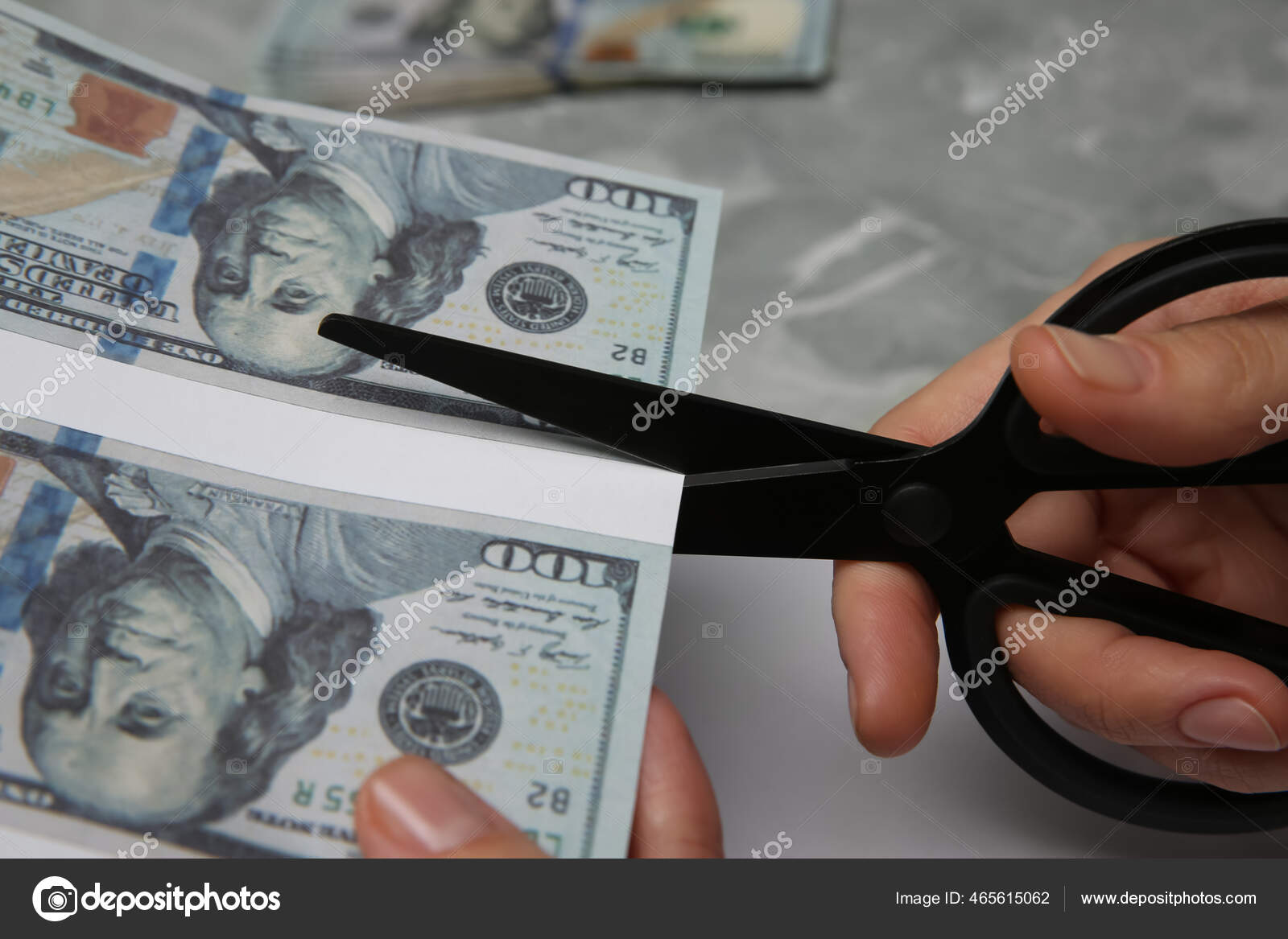 Counterfeiter Cutting Dollar Banknotes Scissors Grey Marble Table ...