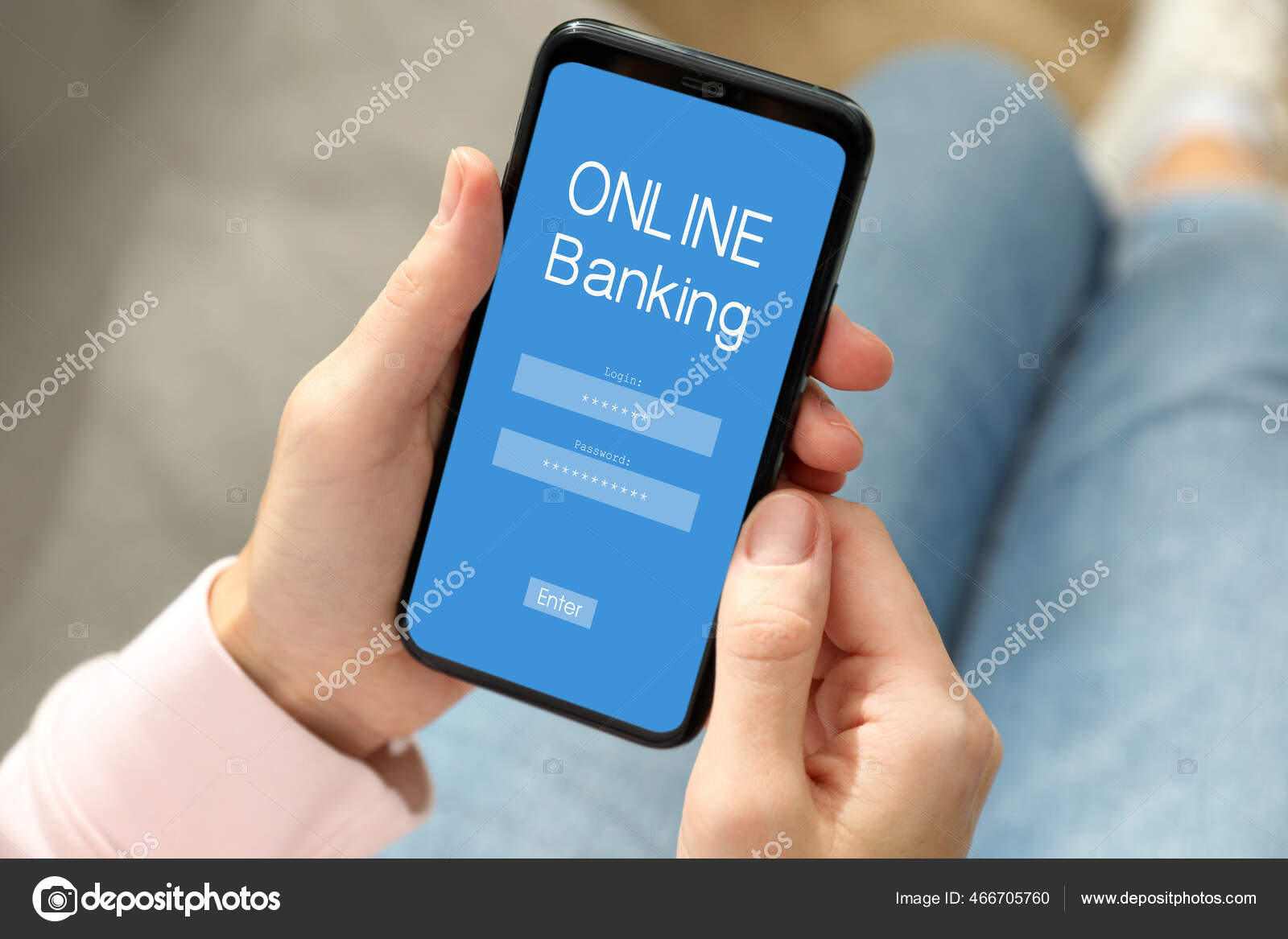 Woman Using Online Banking Application Smartphone Indoors Closeup ...