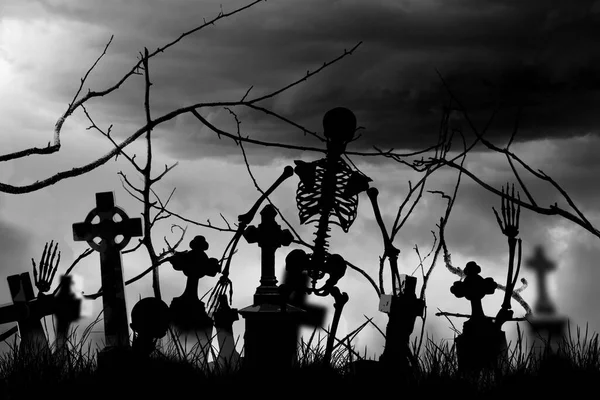 Scary Skeleton Rising Out Grave Misty Cemetery — Stock Photo ...