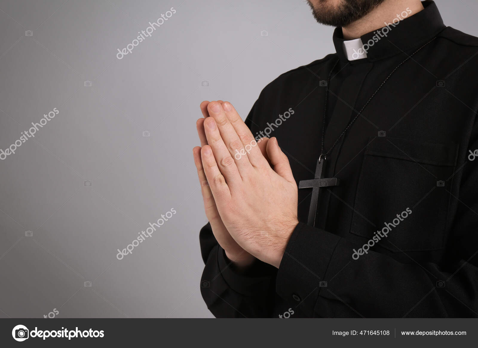 Priest Praying Grey Background Closeup Space Text — Stock Photo ...