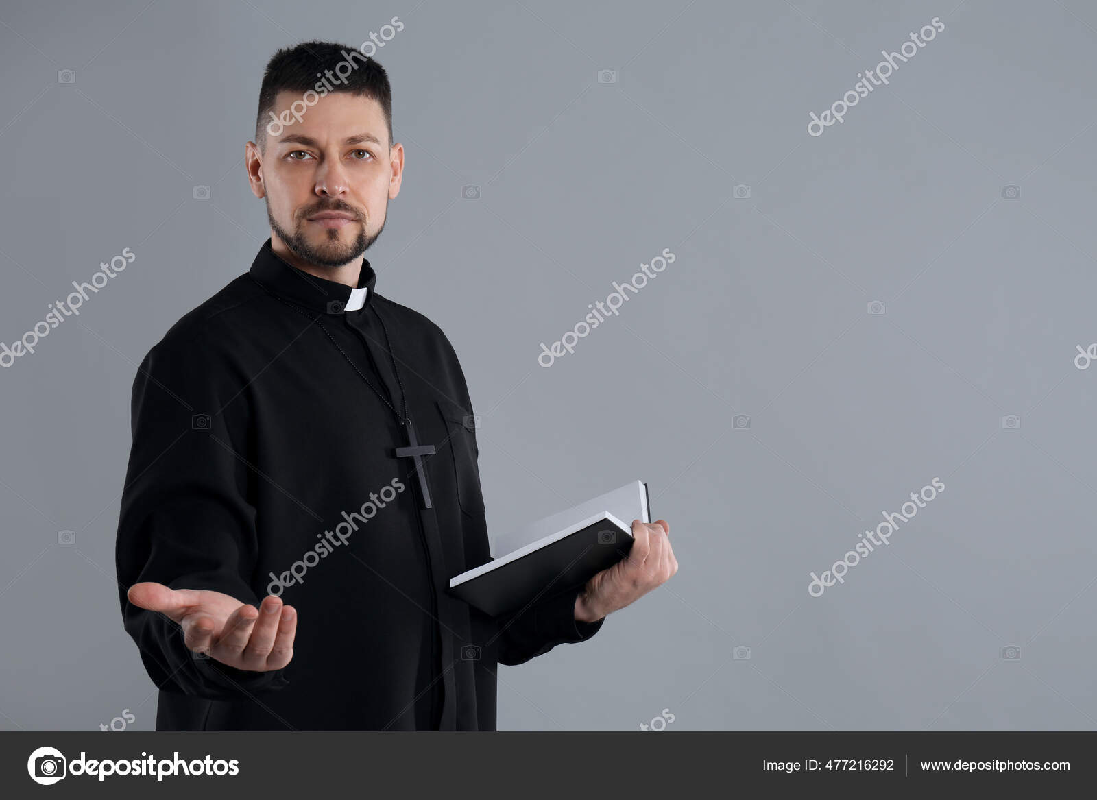 Priest Bible Praying Grey Background Space Text — Stock Photo ...
