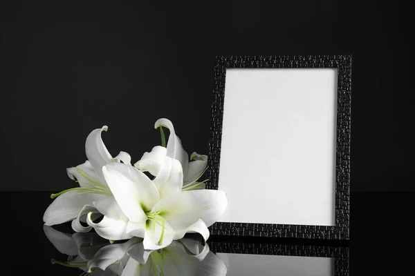 Funeral Photo Frame Ribbon White Lily Candle Black Table Dark — Stock ...