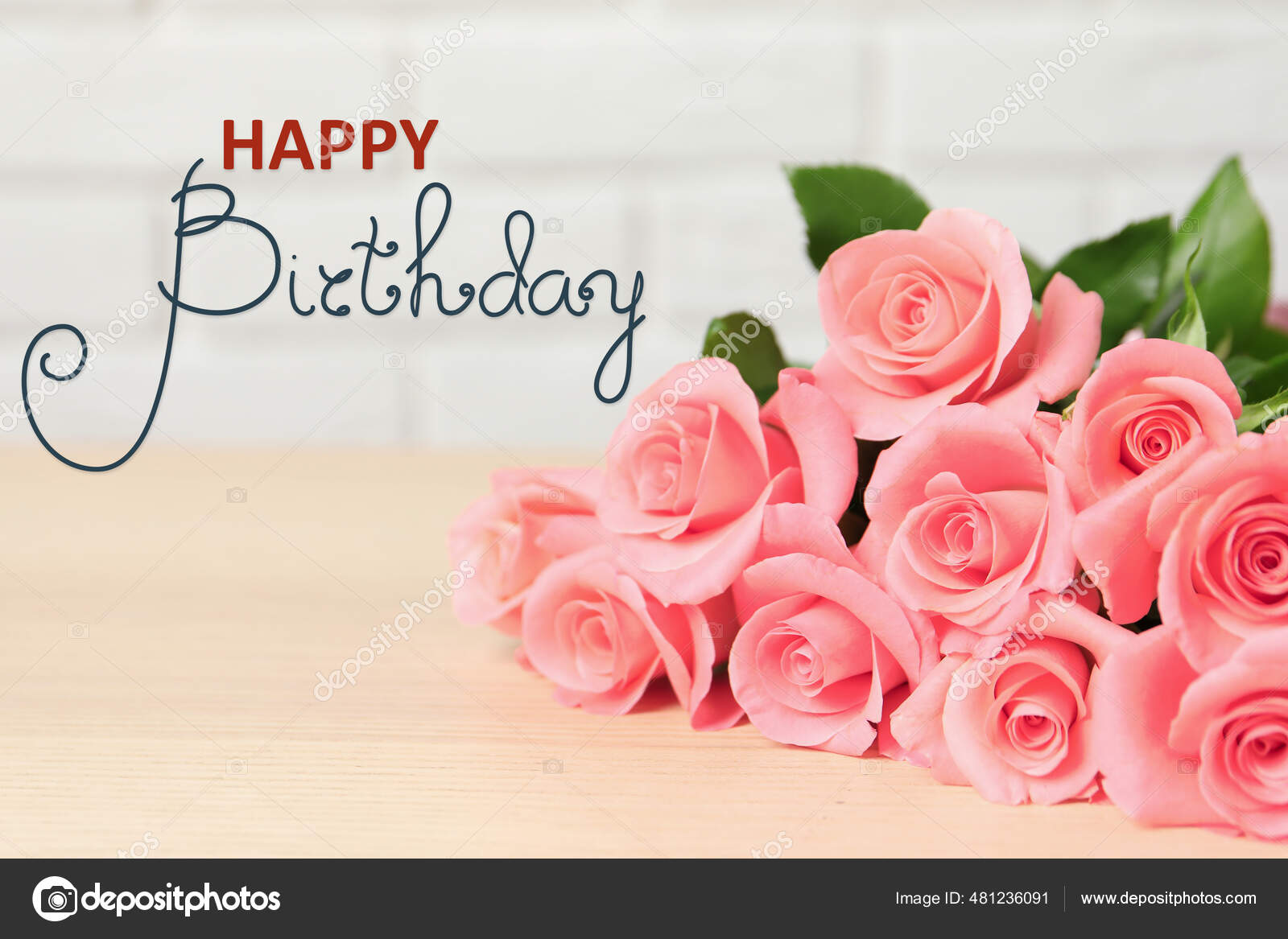 Happy Birthday Bouquet Beautiful Roses Wooden Table — Stock Photo ...