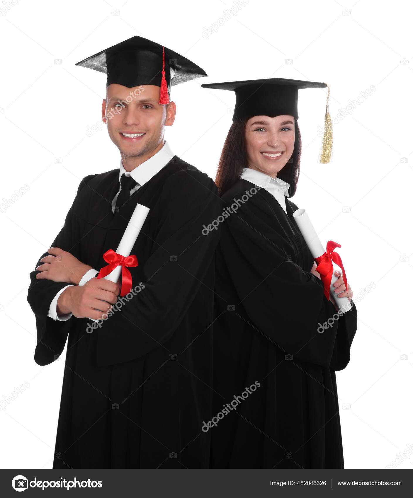 Happy Students Academic Dresses Diplomas White Background Stock Photo ...