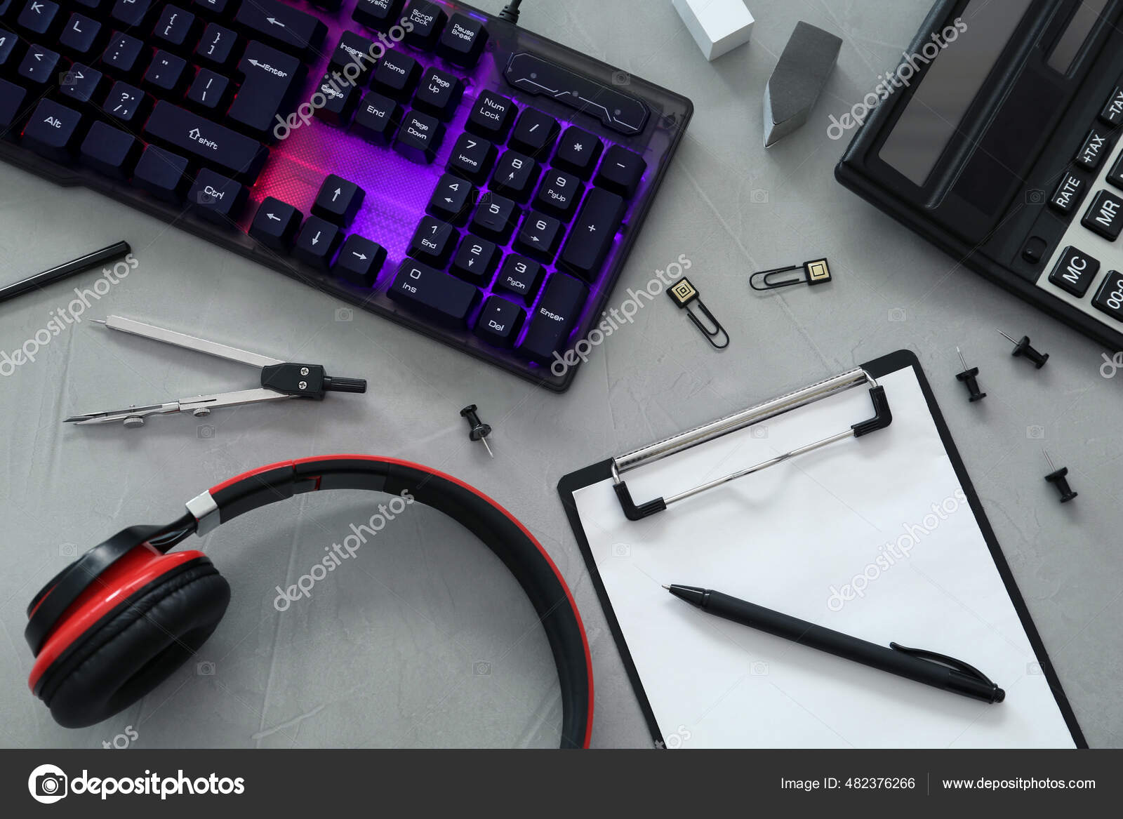 Flat Lay Composition Modern Rgb Keyboard Grey Table — Stock Photo ...