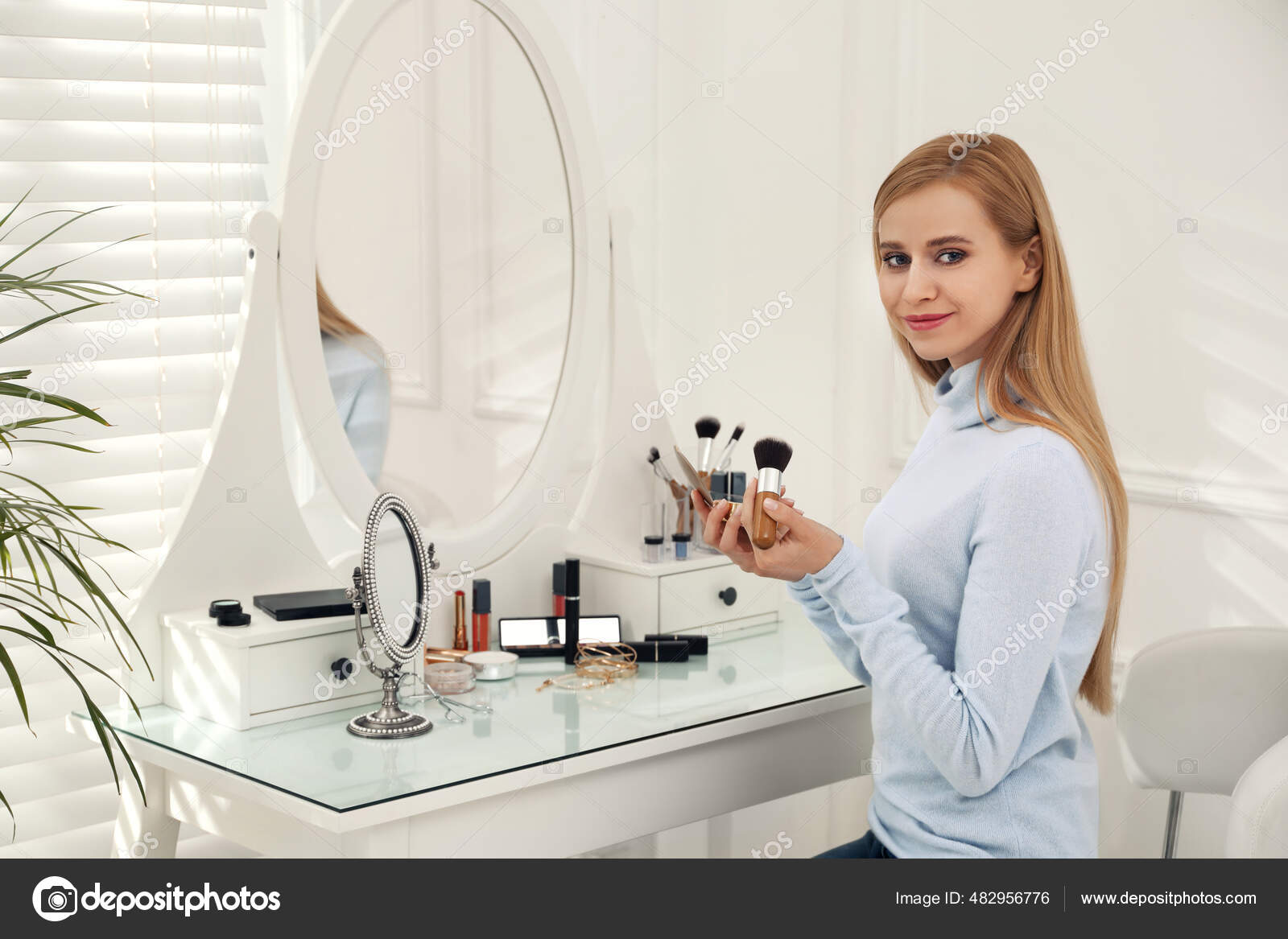 Beautiful Woman Applying Makeup Mirror Room — Stock Photo © NewAfrica ...